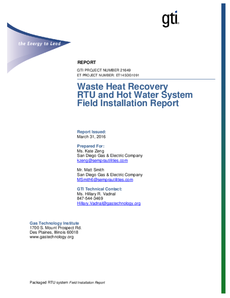 Waste Heat Recovery RTU and Hot Water System Field Installation Report ...