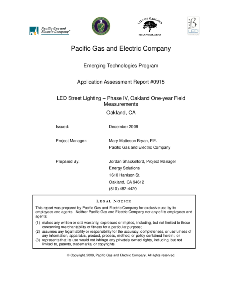 LED Street Lighting - Phase IV, Oakland One-year Field Measurments | ETCC