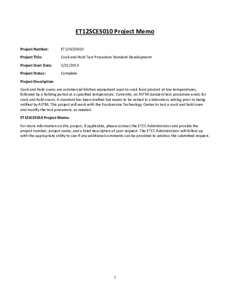 Cook and Hold Test Procedure Standard Development | ETCC